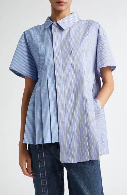 Sacai Pleated Stripe Short Sleeve Poplin Button-Up Shirt In Light